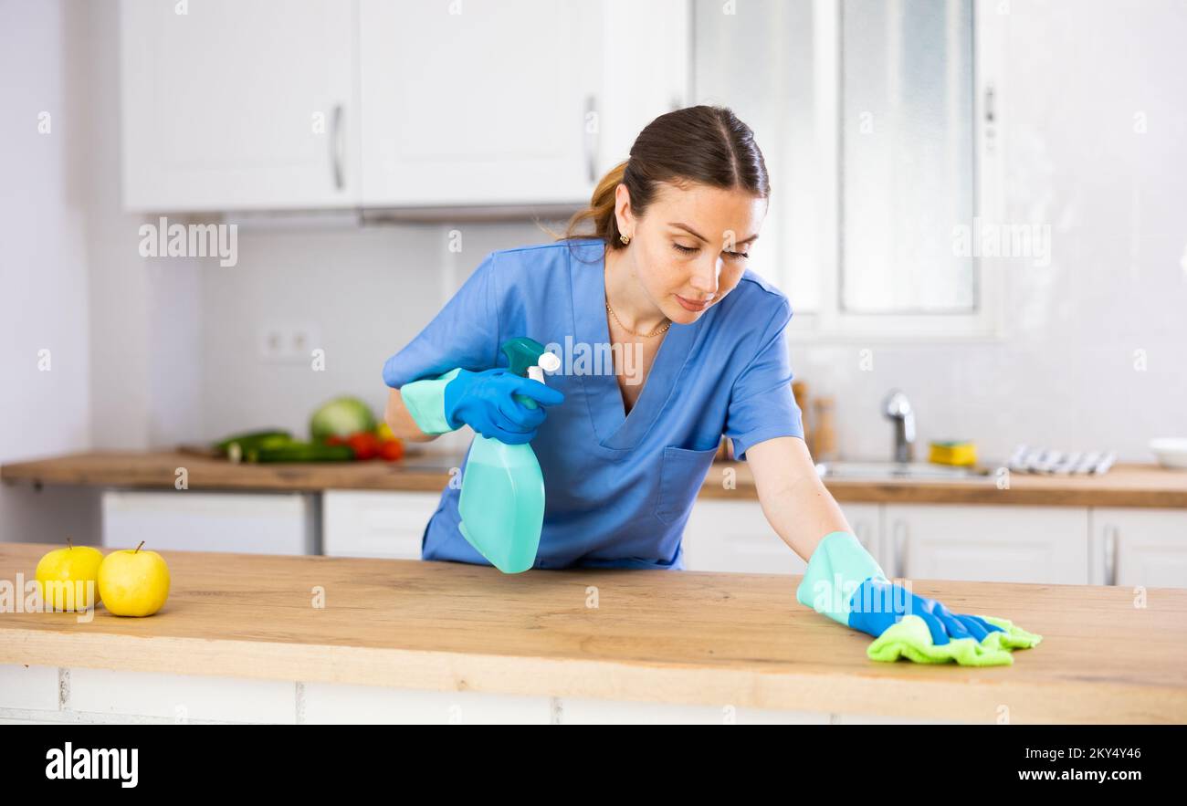 Woman cleaning table with rag at home Stock Photo - Alamy