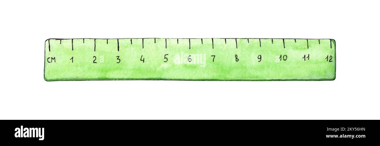 Watercolor illustration green plastic measuring ruler. Draw, measure ...