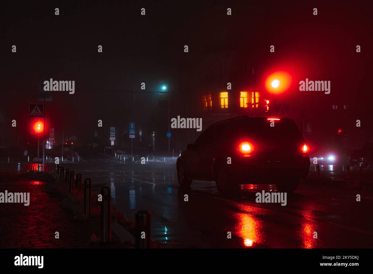 Night foggy street in the city. The car stops at a red traffic light ...