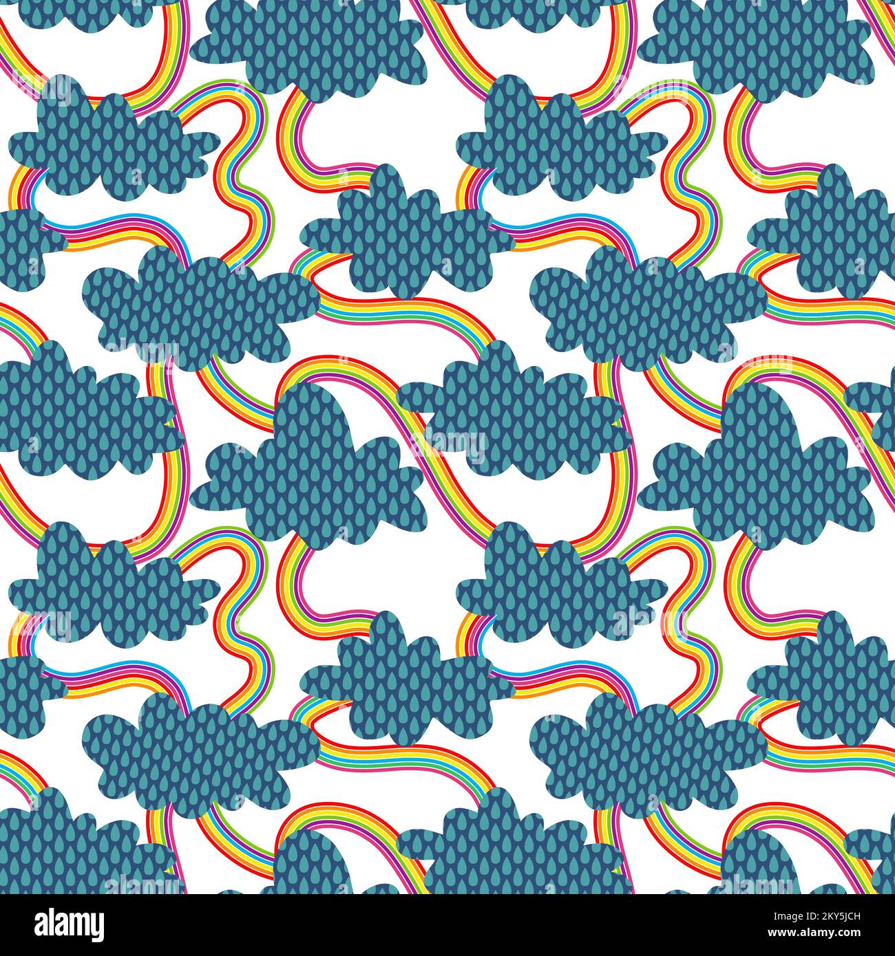 Cartoon rain drops and rainbow and clouds seamless pattern for wrapping ...