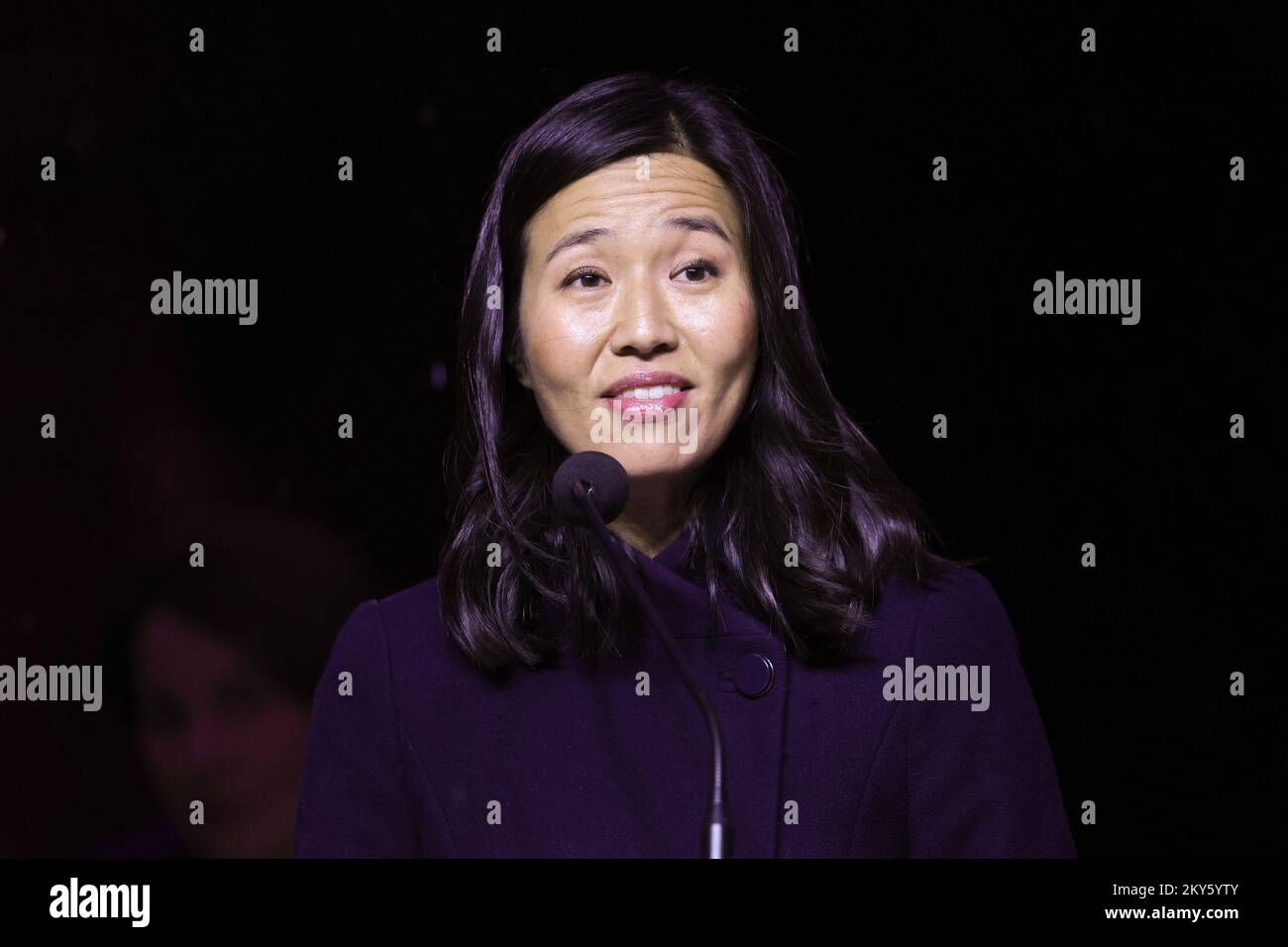 The Mayor of Boston, Michelle Wu, at Speaker's Corner outside City Hall ...