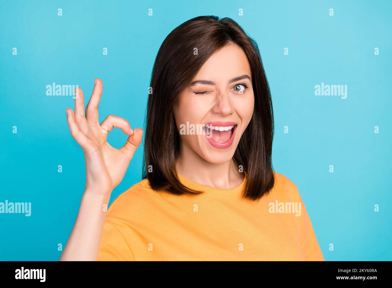 Photo of coquettish positive satisfied girl with straight hair wear ...