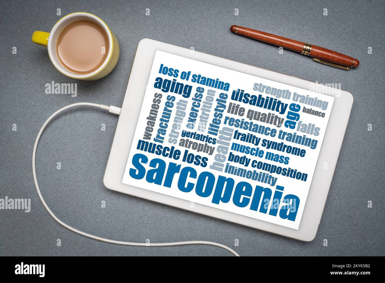 sarcopenia - muscle loss due to aging, word cloud on a digital tablet ...