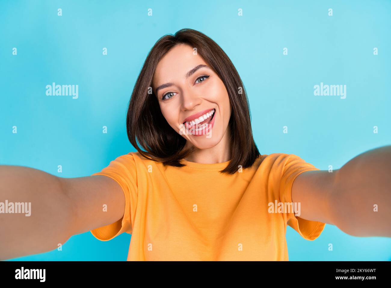 Portrait of cheerful positive person take selfie tongue lick teeth ...