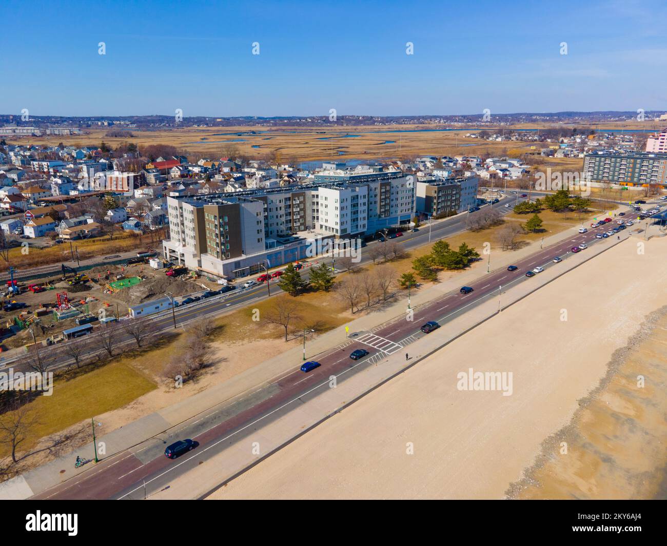 Revere Beach aerial view and historic coastal area in spring in city of ...