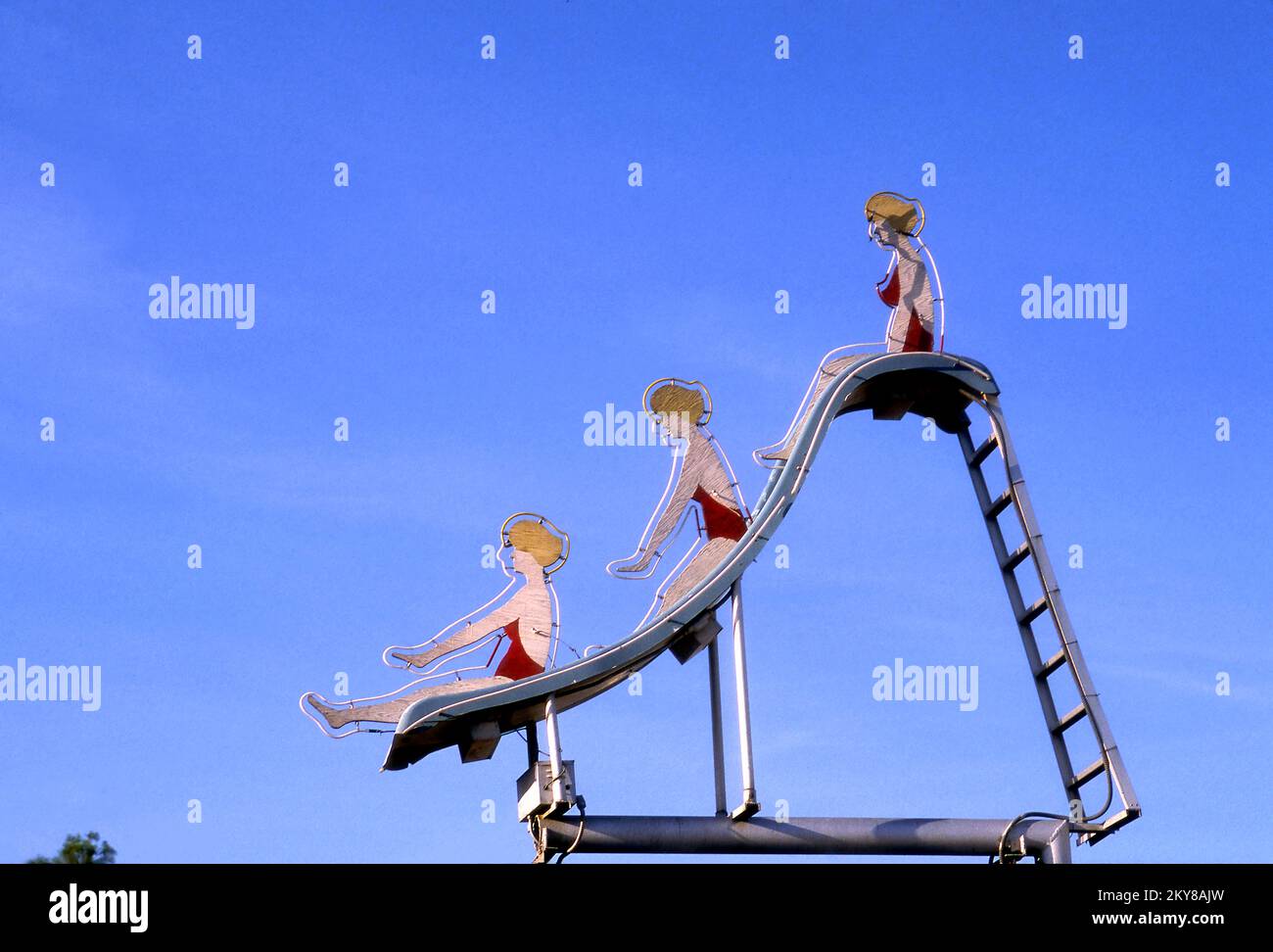 Pool Supply sign depicting a woman on a pool slide, Inglewood, CA Stock ...