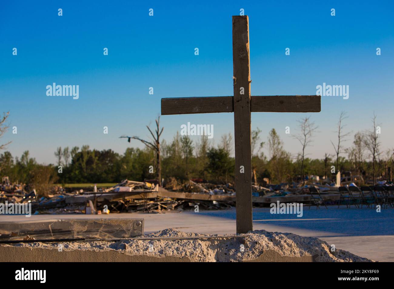 Vilonia, AR, May 3, 2014 ; A cross marks the spot of tornado debris and ...