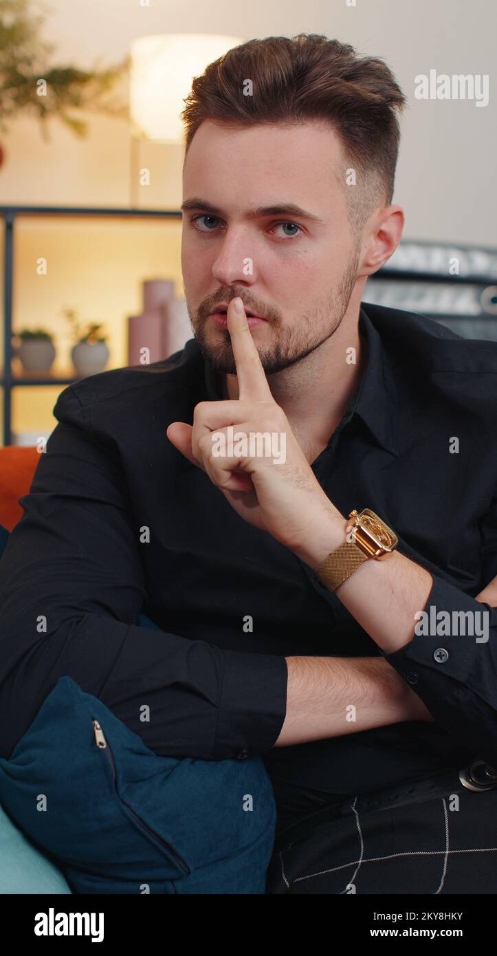 Shh be quiet please. Portrait of caucasian bearded man presses index ...