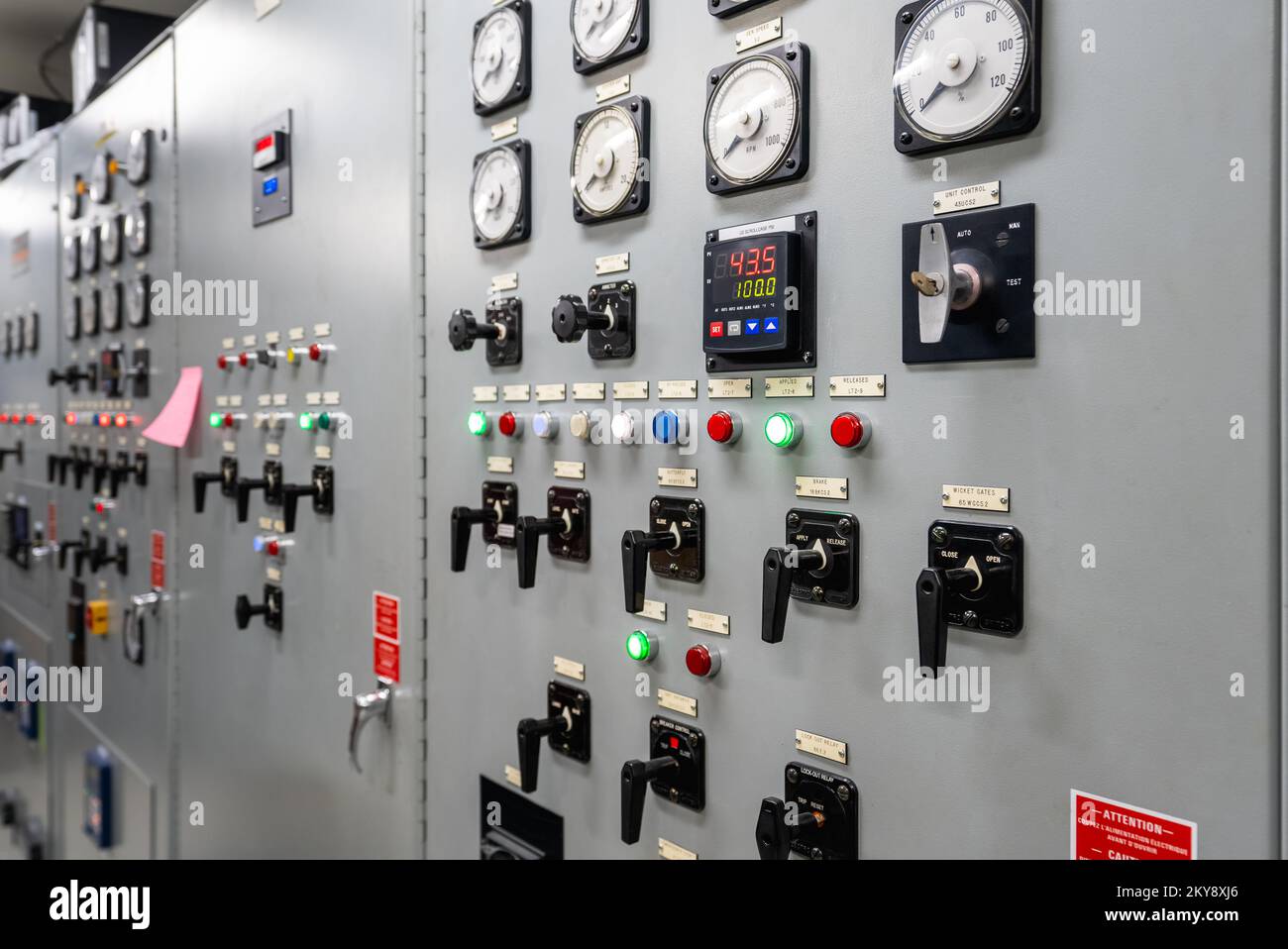 An electrical generation panel with buttons, gauges and switches Stock ...
