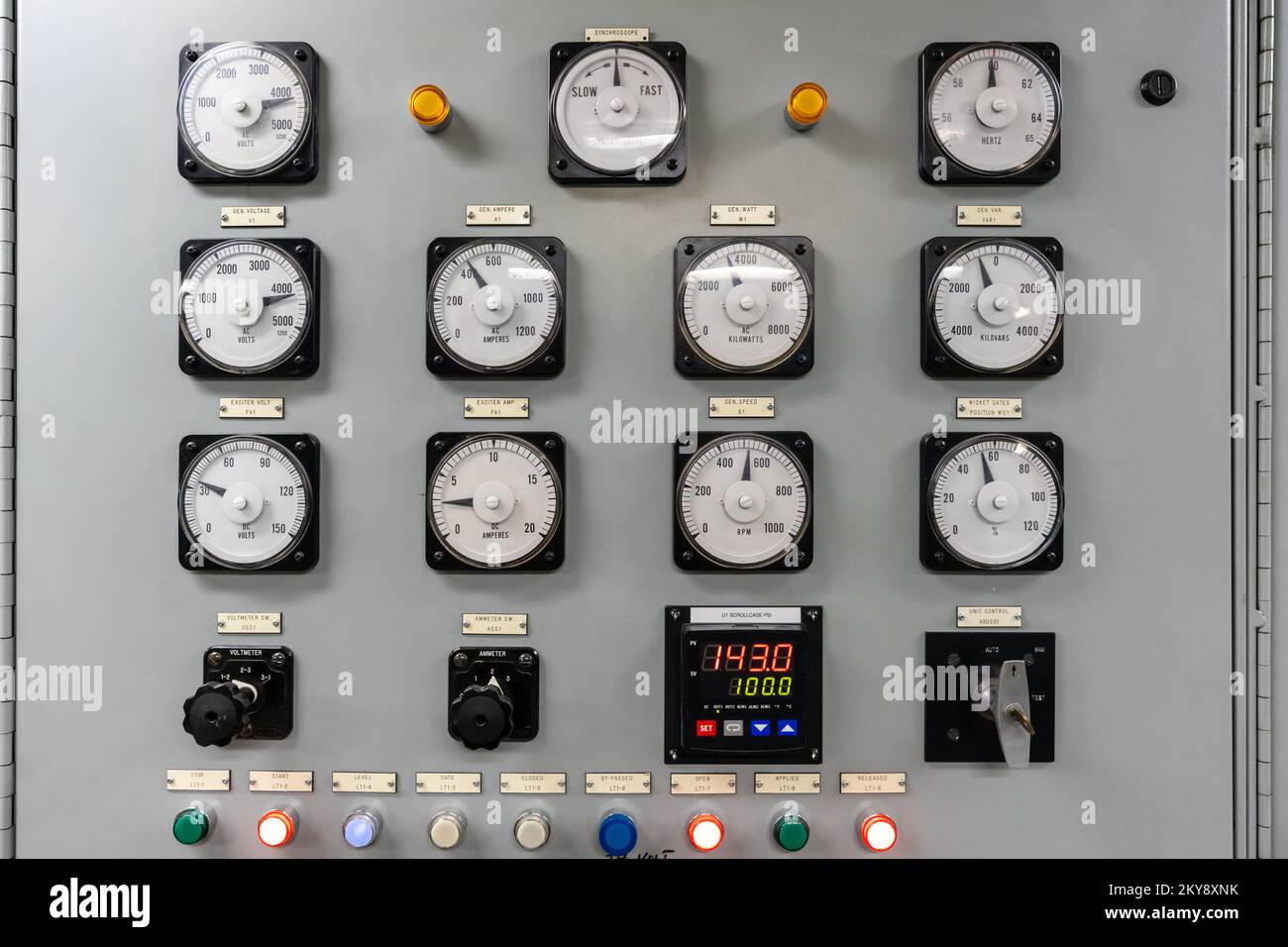 An electrical generation panel with buttons, gauges and switches Stock ...