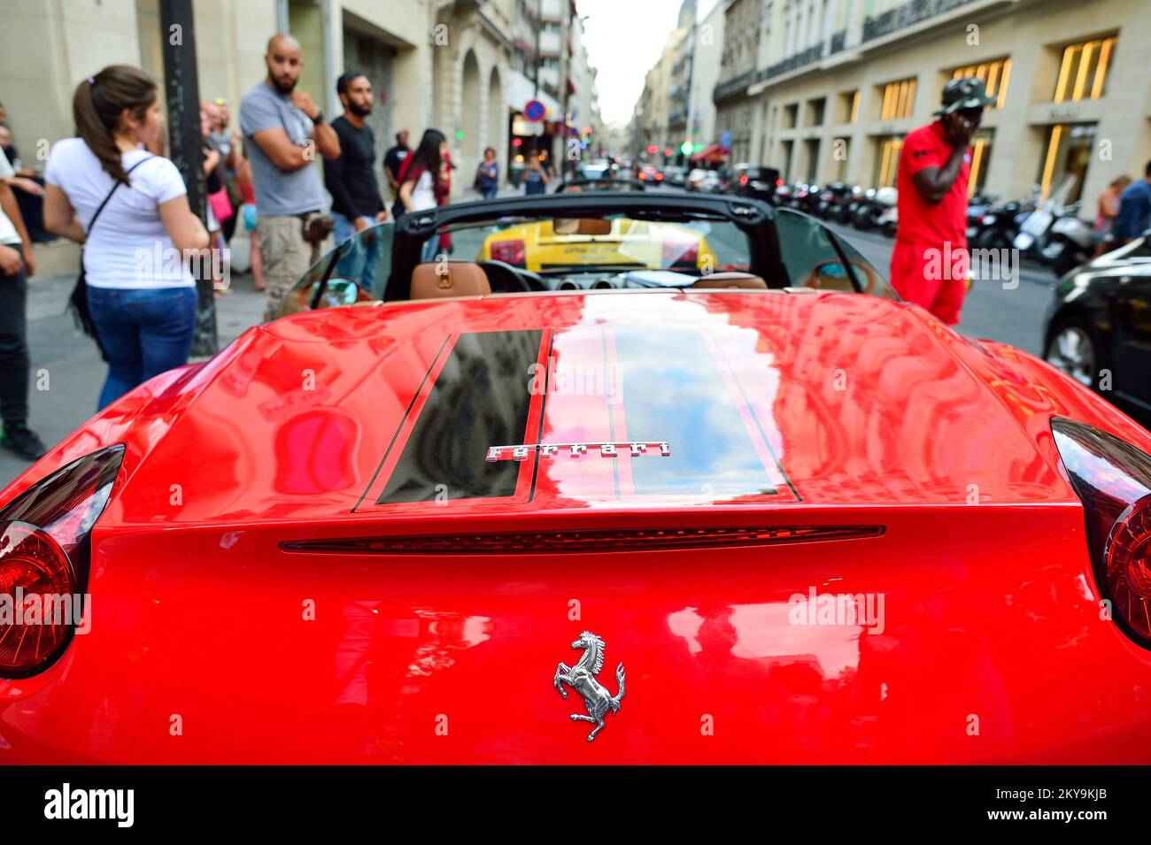 PARIS, FRANCE - AUGUST 09, 2015: close-up shot of Ferrari. Ferrari S.p ...