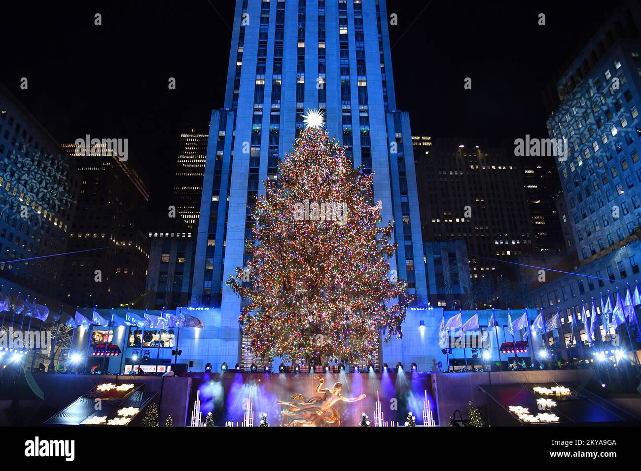 The Rockefeller Center Christmas stands lit at the 90th annual ...