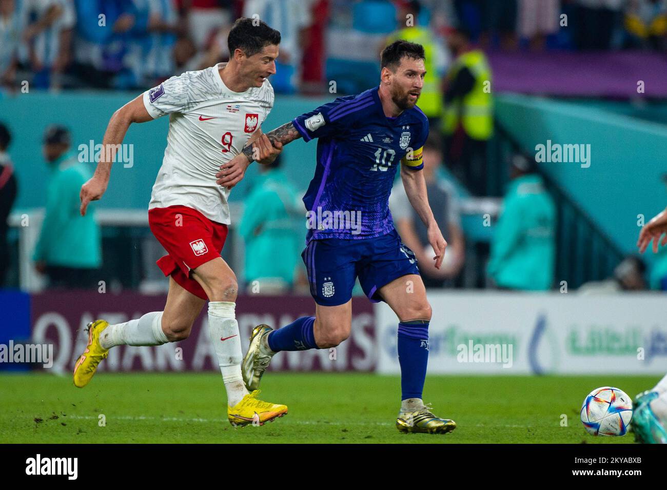 Lionel Messi of Argentina and Robert Lewandowski of Poland during the ...