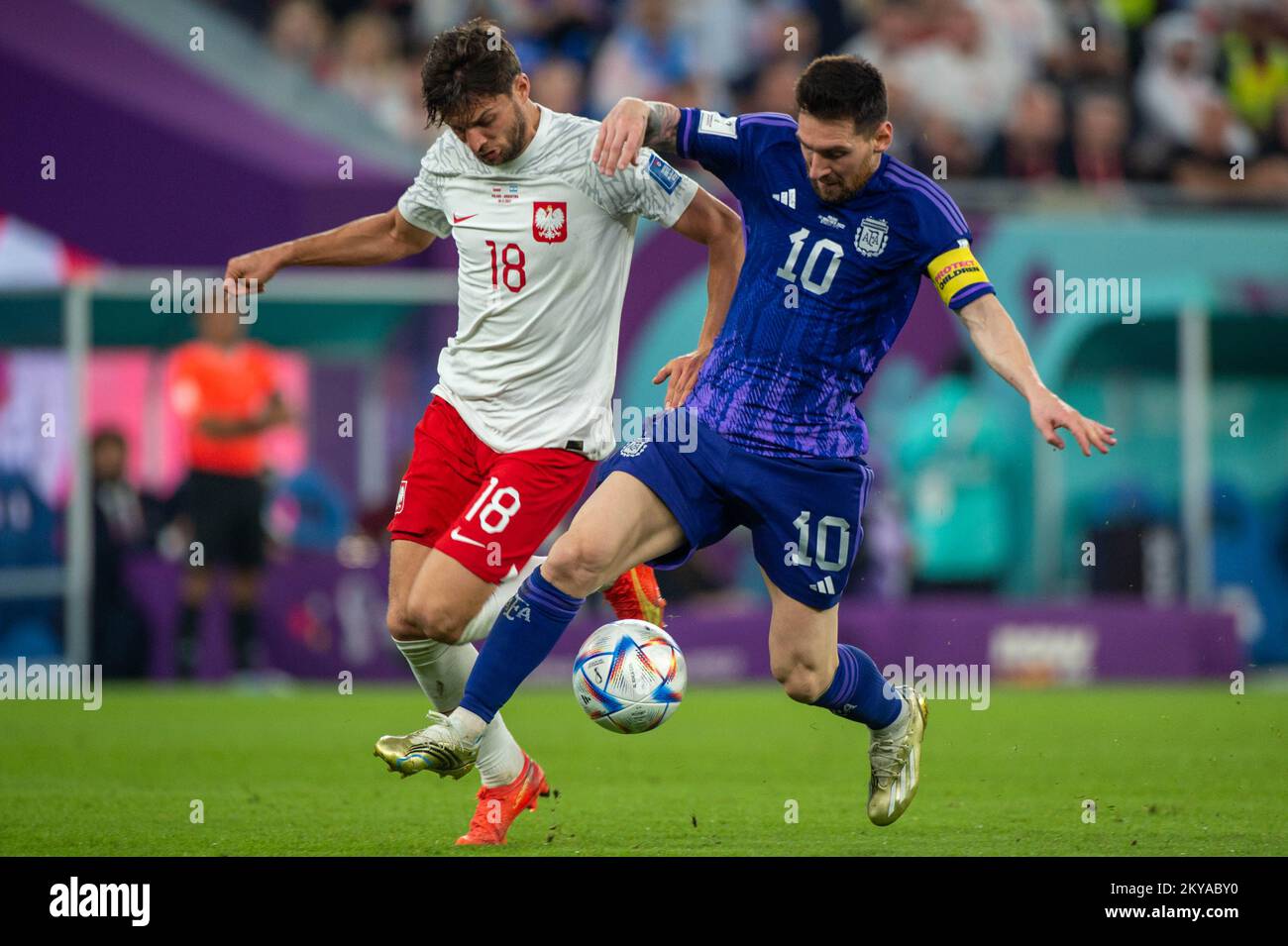 Lionel Messi of Argentina ana Bartosz Bereszynski of Poland during the ...