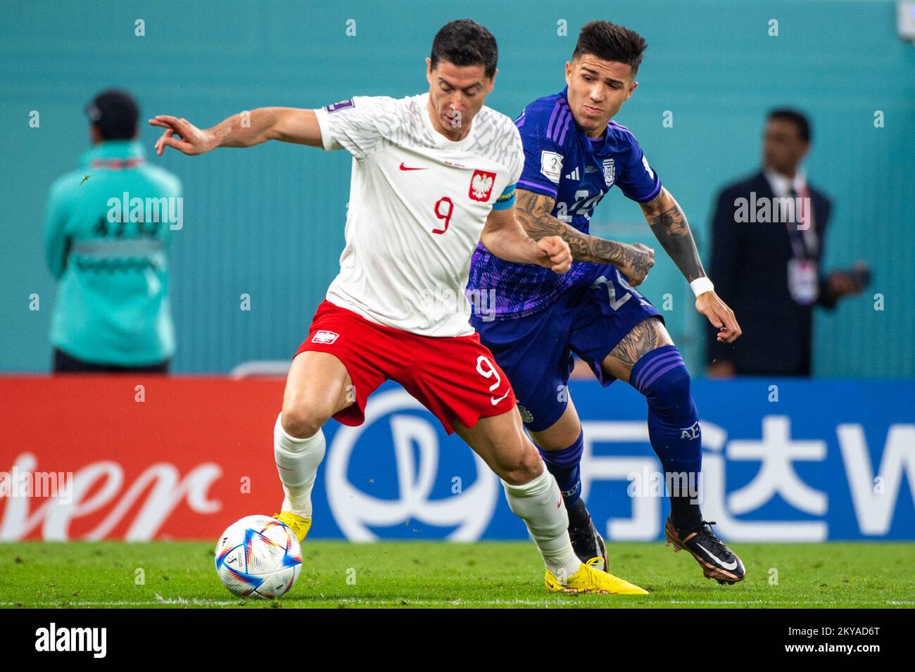 Robert Lewandowski of Poland and Enzo Fernandez of Argentina during the ...