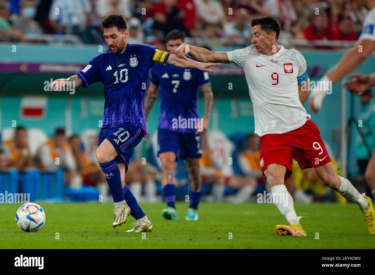 Lionel Messi of Argentina and Robert Lewandowski of Poland during the ...