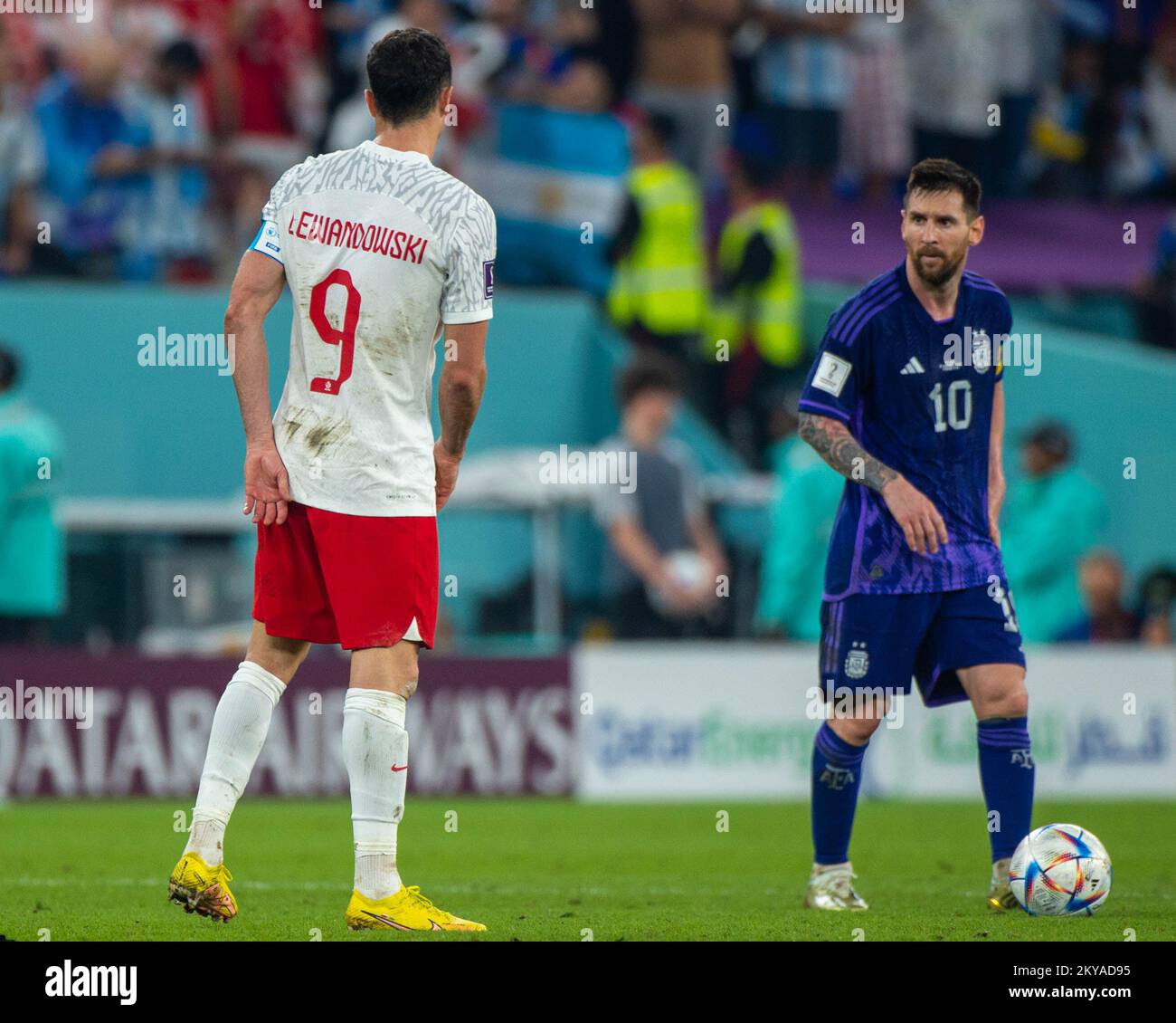 Robert Lewandowski of Poland and Lionel Messi of Argentina during the ...
