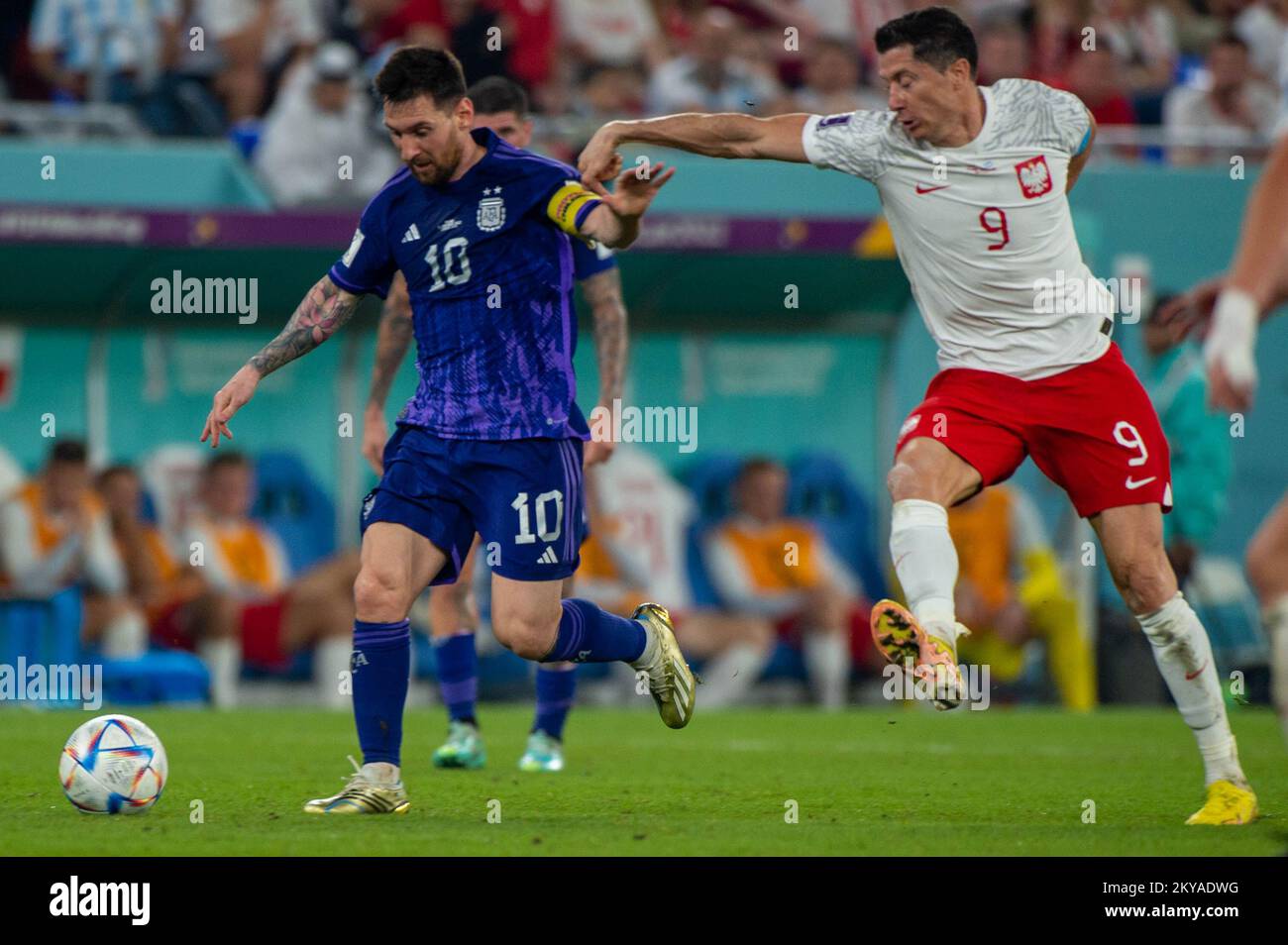 Lionel Messi of Argentina and Robert Lewandowski of Poland during the ...