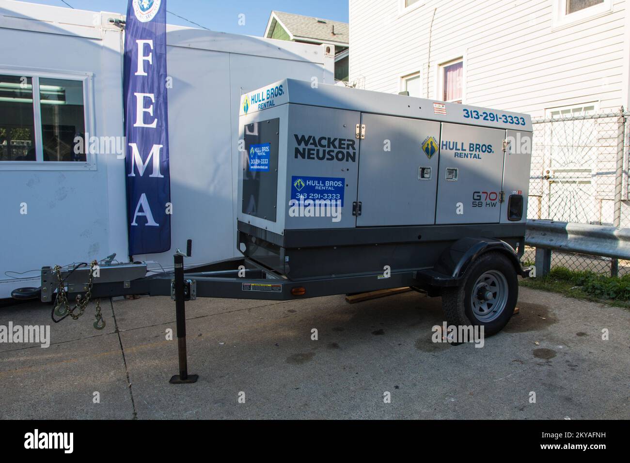 Detroit, MI, October 24, 2014 - An electrical generator outside a Po-U ...