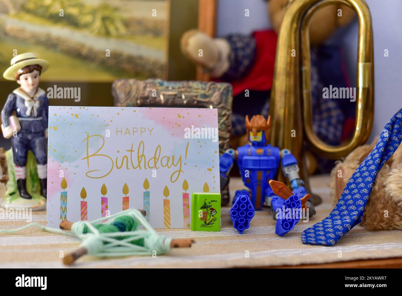 Birthday decorations for a boys bedroom dresser top Stock Photo - Alamy