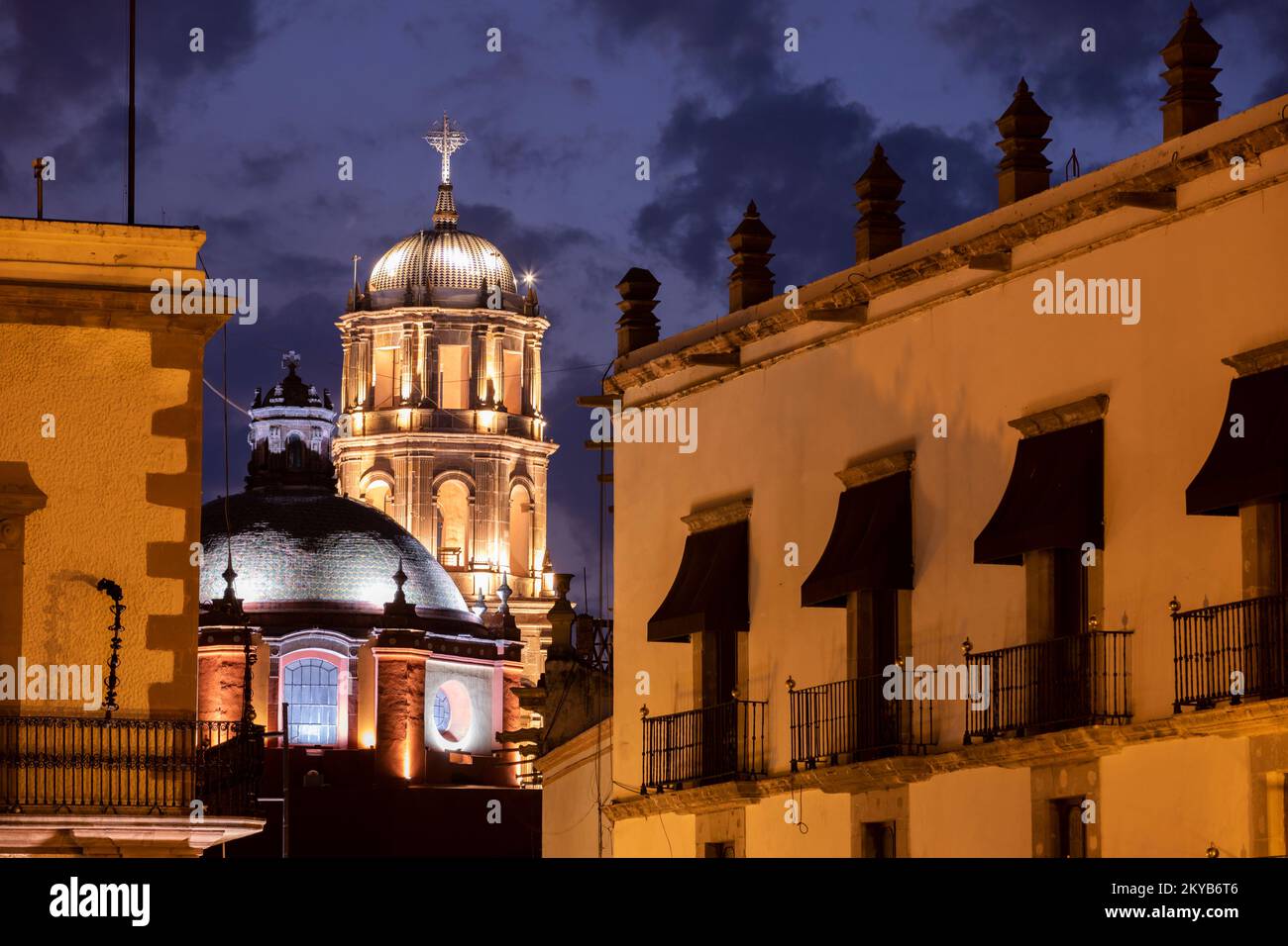 Twilight view of the colonial architecture and historic church of ...
