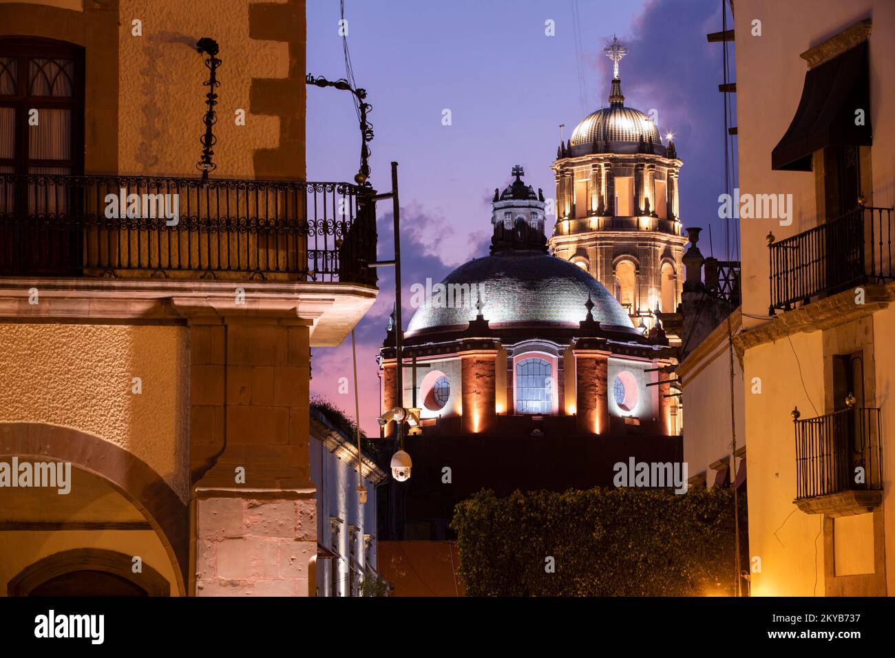 Twilight view of the colonial architecture and historic church of ...