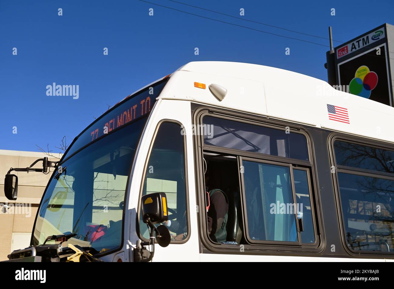 Chicago, Illinois, USA. A CTA bus on Belmont Avenue on the city's North ...