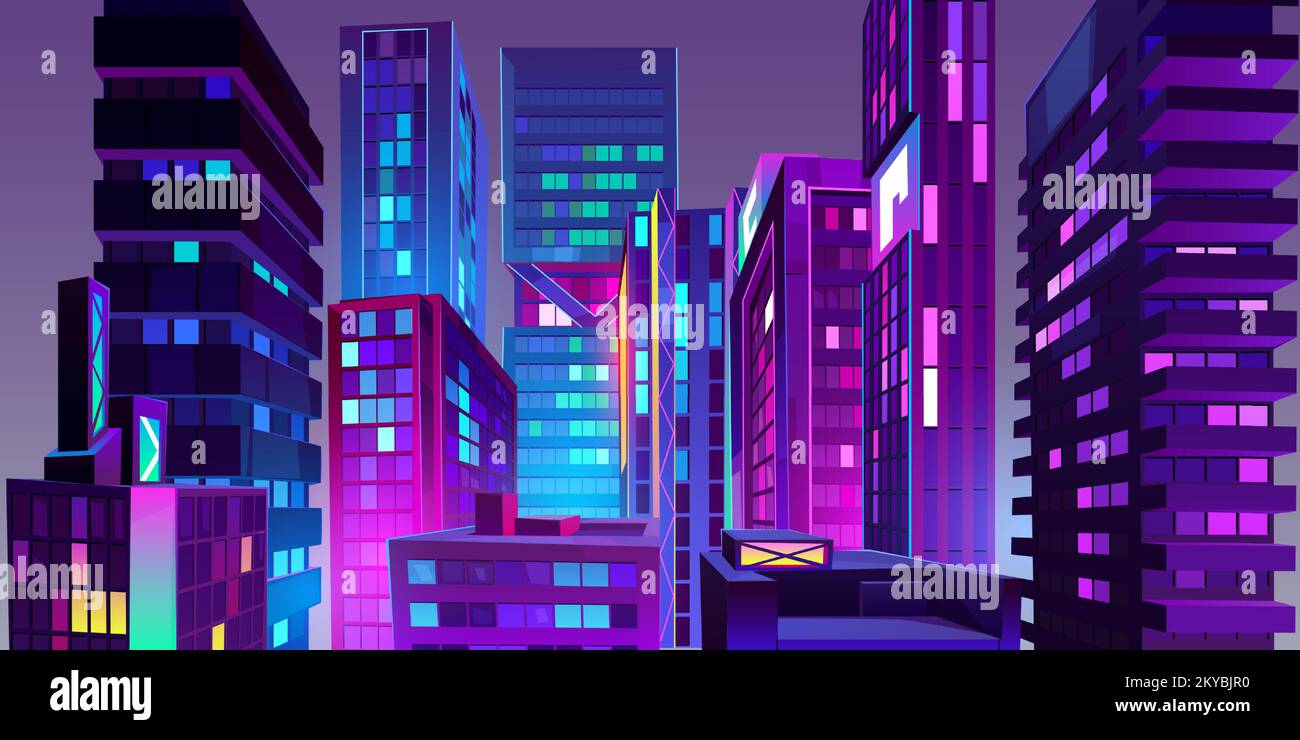 Night city with neon glowing illumination view from roof. Modern ...