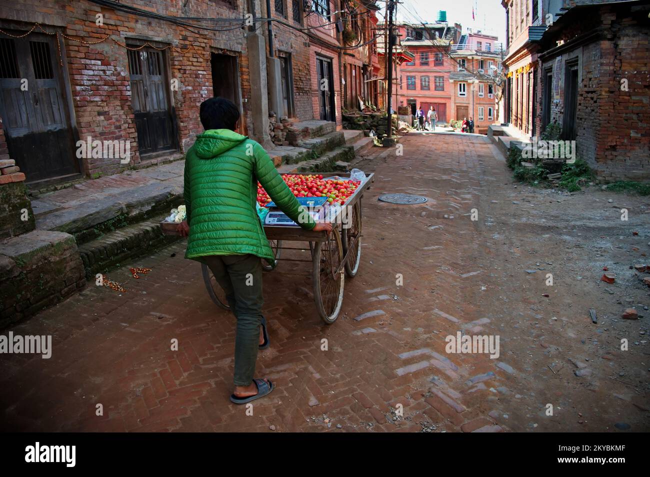 Rear view of young man pushing cart with apples on the streets of ...