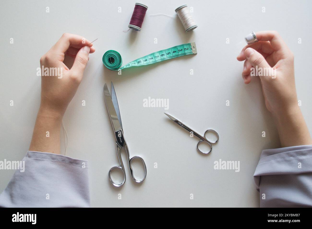 woman female overhead sewing fashion hobby textile concept Stock Photo ...