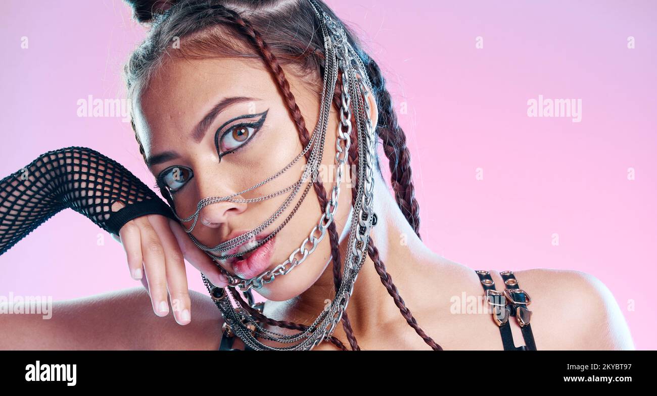 Punk fashion, Gen z girl and portrait with creative makeup and face in ...