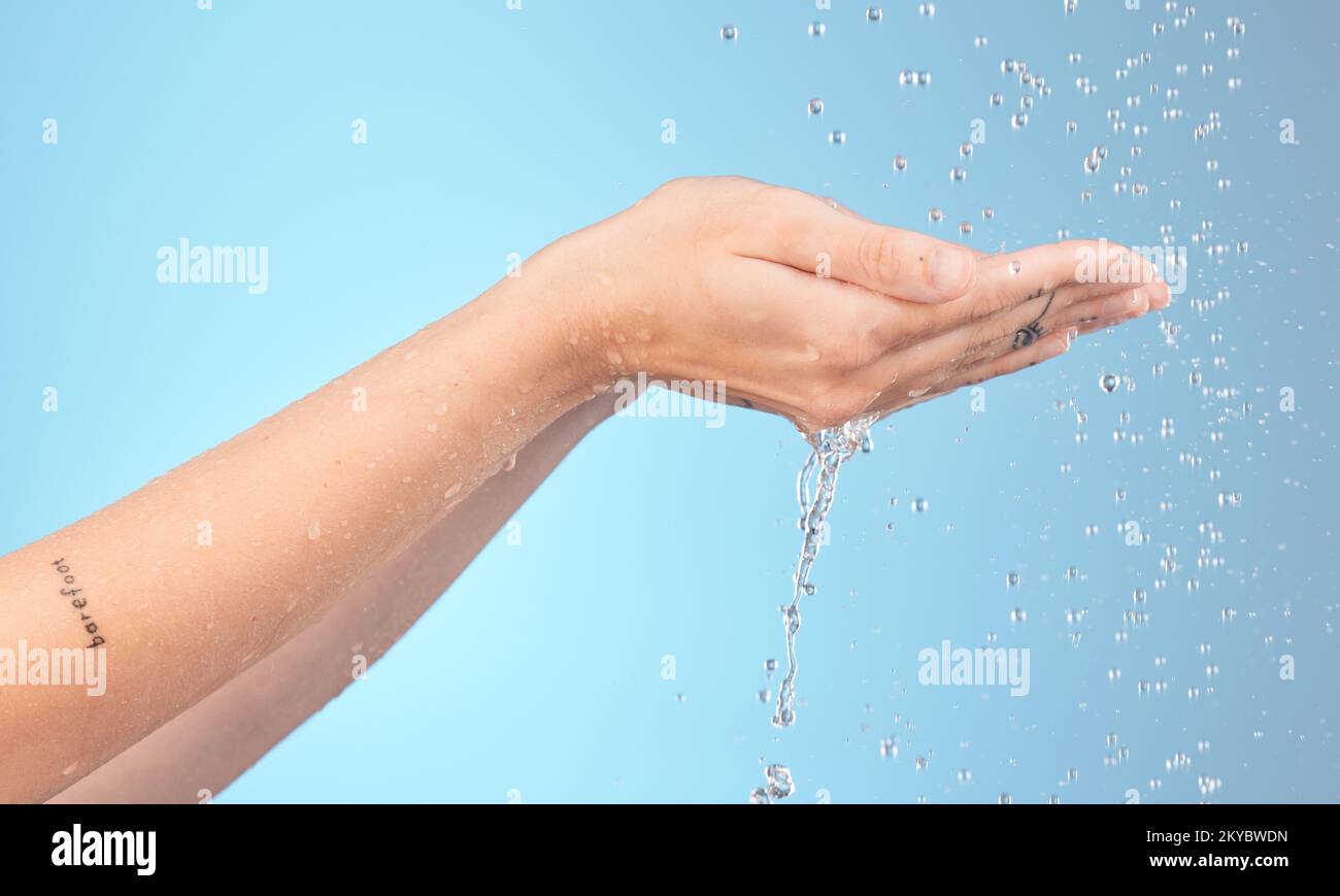 Hands, cleaning and woman in shower for water splash, wellness and ...