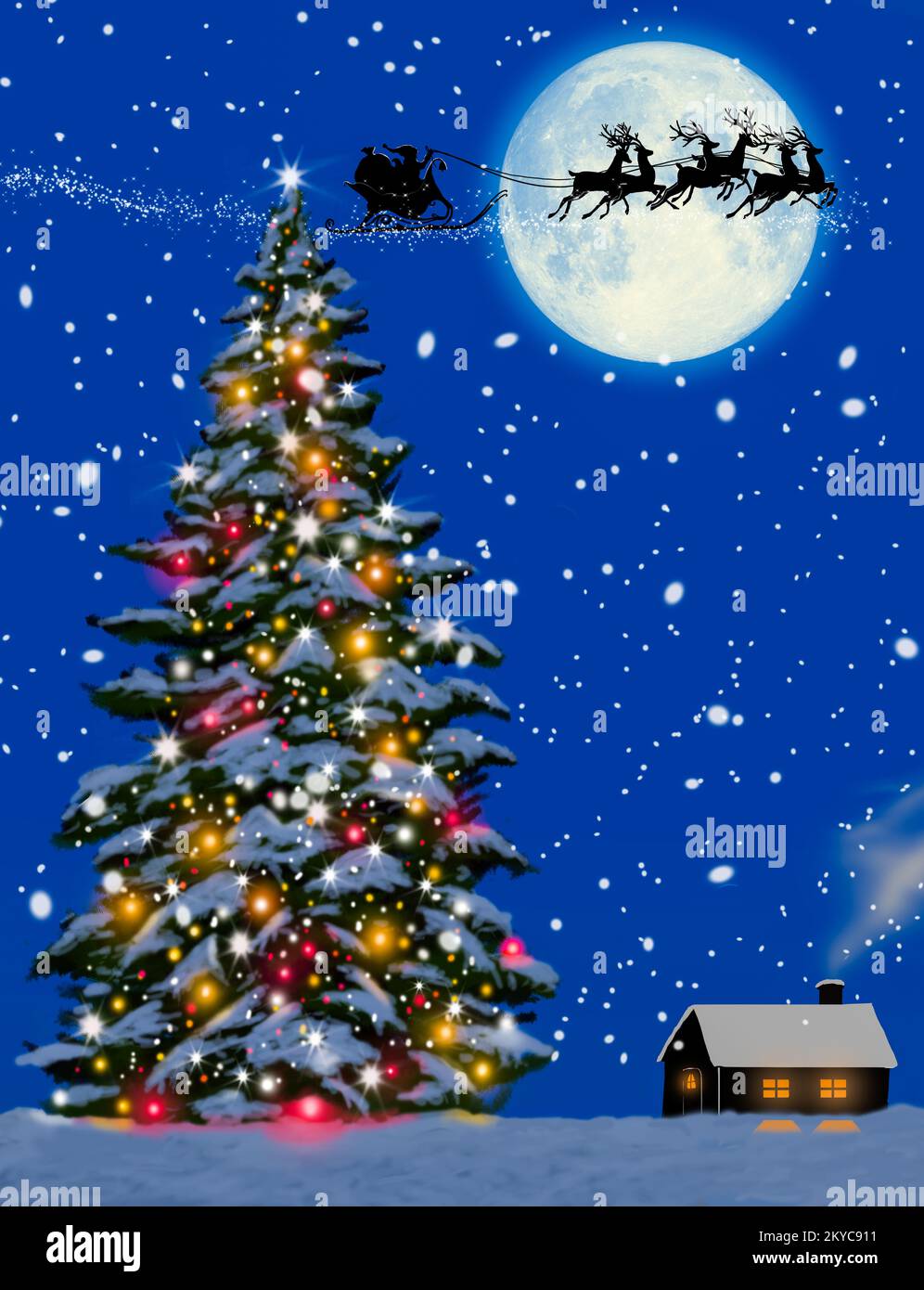 Santa Claus in sleigh flying over the moon on christmas tree at night. Santa flies to deliver ...