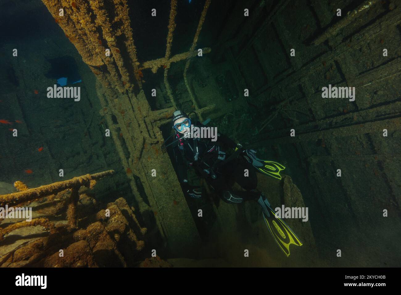 Female diver swims diving at railing of through hold of shipwreck wreck ...