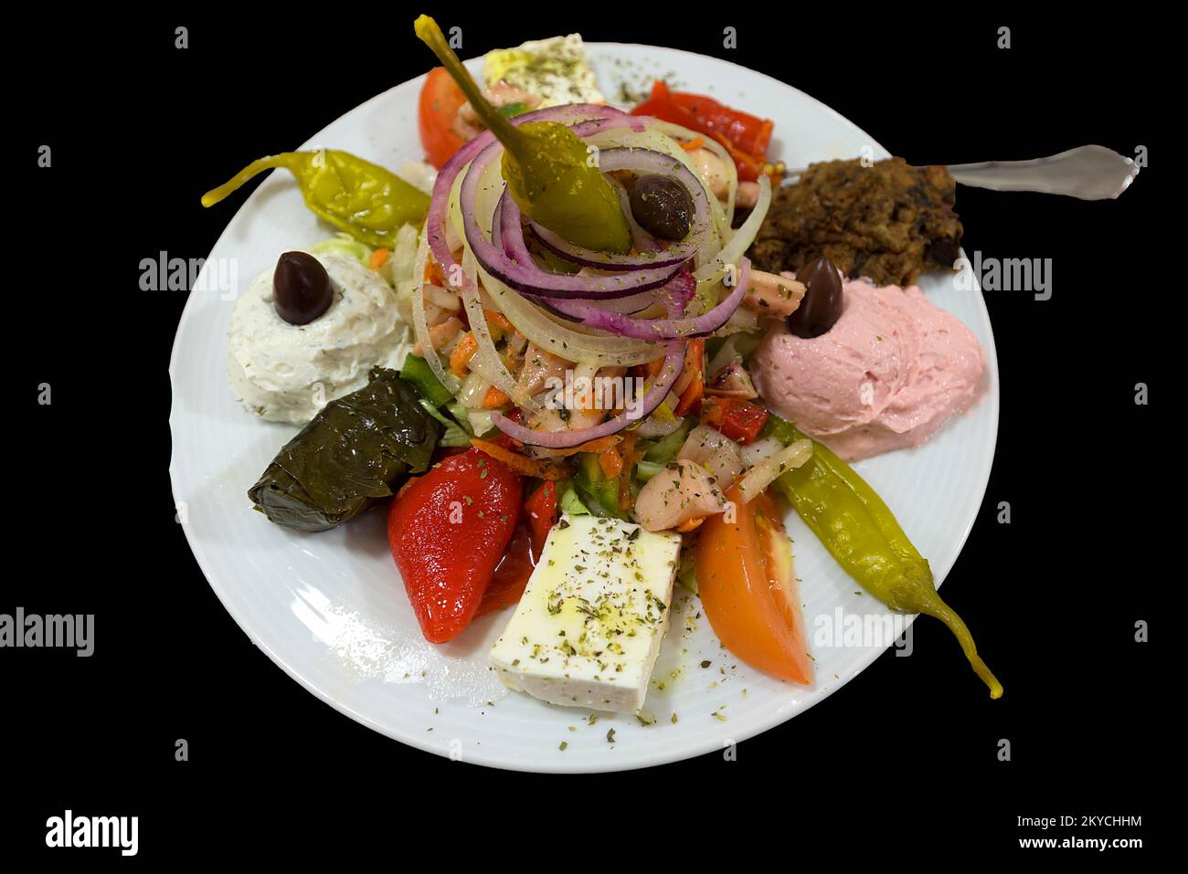 Greek starter plate on black background, Bavaria, Germany Stock Photo ...