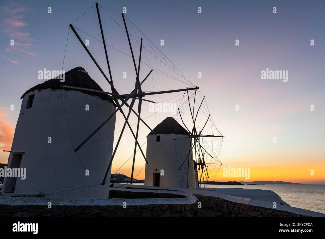 The Windmills (Kato Milli) at sunset, Horta, Mykonos, Greece Stock ...