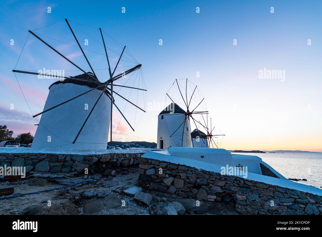 The Windmills (Kato Milli) at sunset, Horta, Mykonos, Greece Stock ...