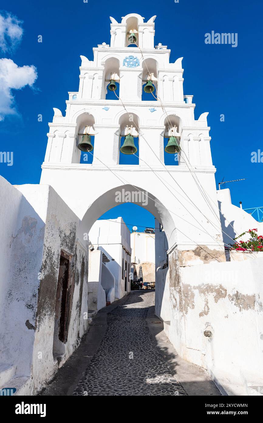 Bell tower, traditional village of Megalochori, Santorini, Greece Stock ...