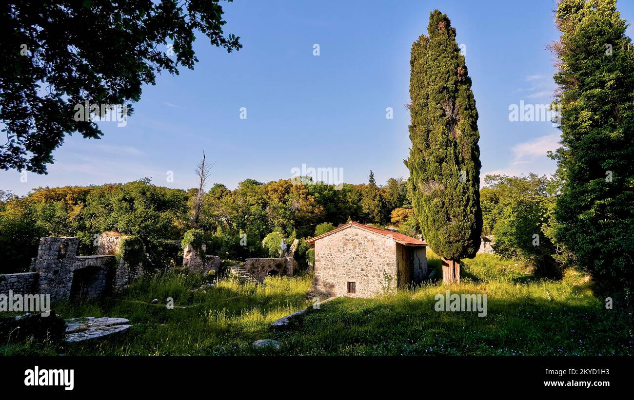 Secluded location, Asomatos Monastery, Half decayed, Chapel, Cypress ...