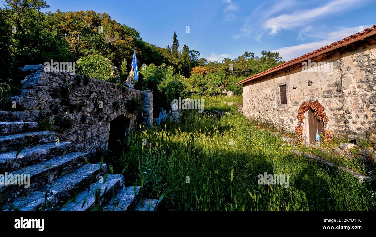 Secluded location, Asomatos Monastery, Half decayed, Chapel, Cypress ...