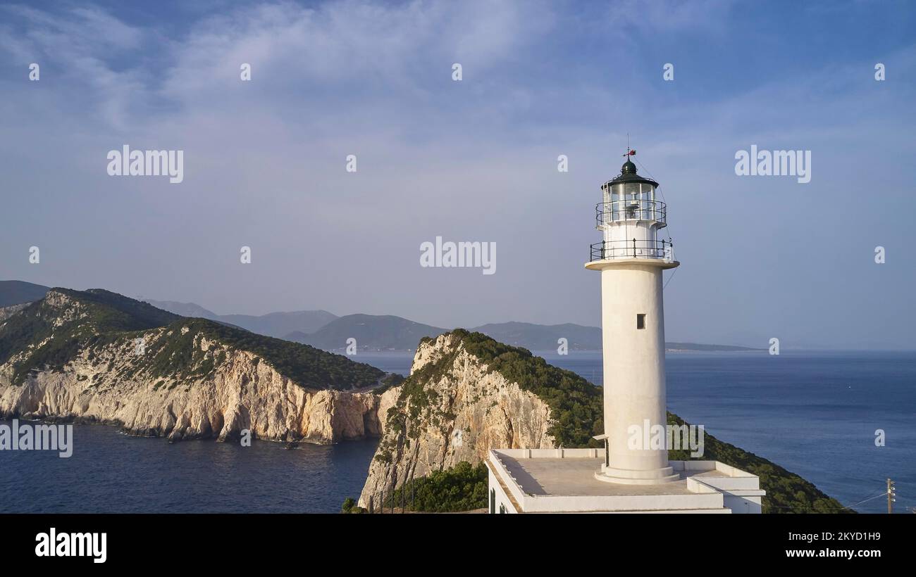 Drone shot, Cape Lefkadas, Steep rocky coast, Southern tip of the ...