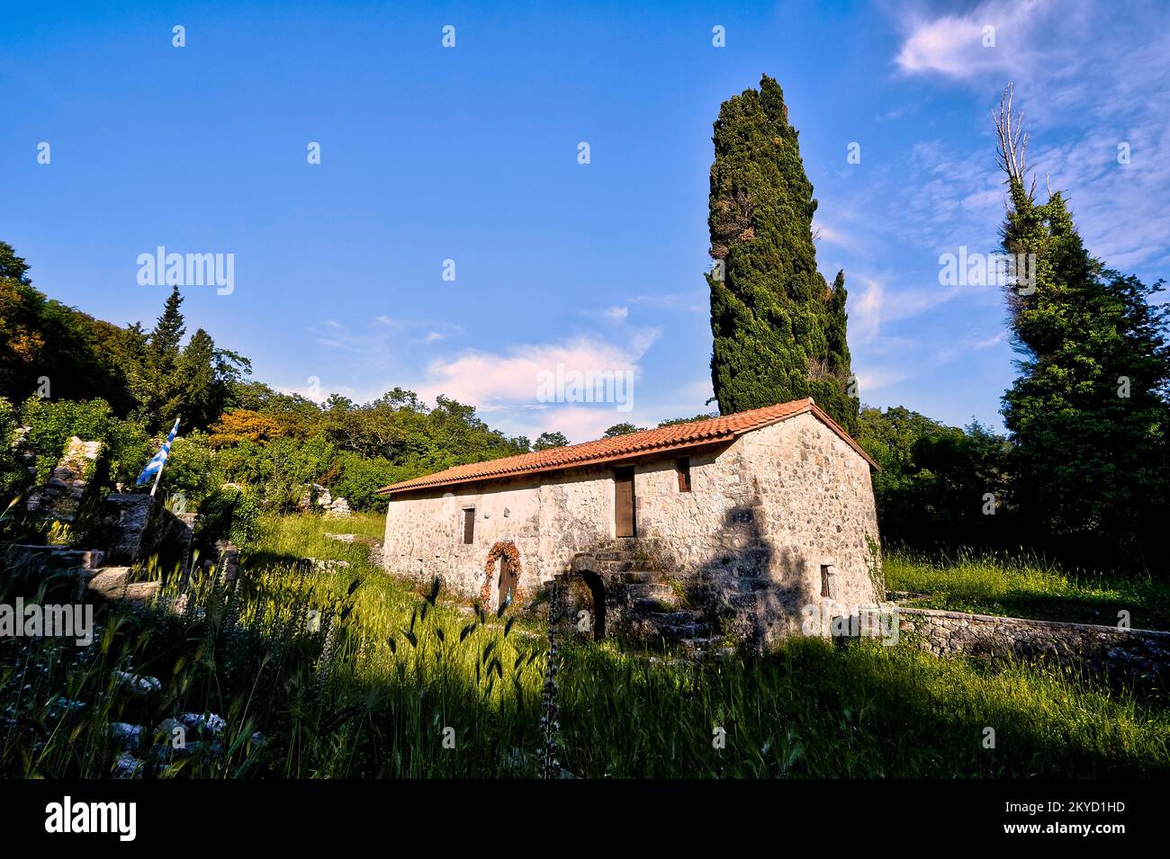 Secluded location, Asomatos Monastery, Half decayed, Chapel, Cypress ...