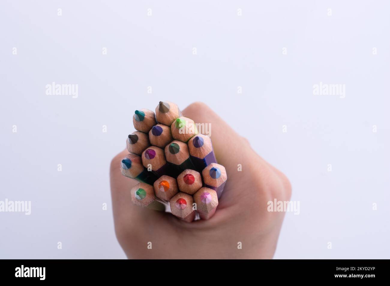 Hand holding color pencils on a white background Stock Photo - Alamy