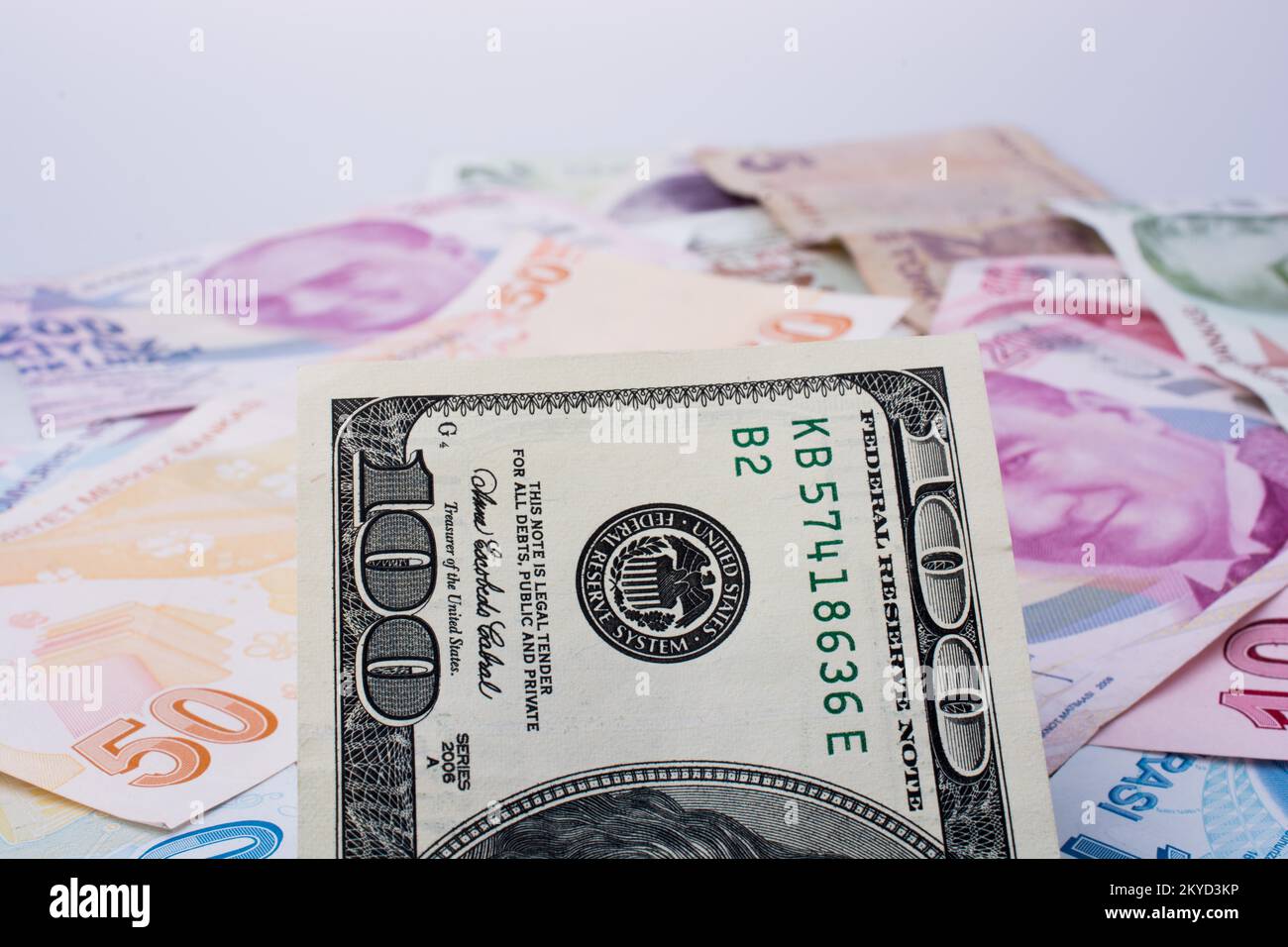 American dollar banknotes and Turksh Lira banknotes side by side on ...