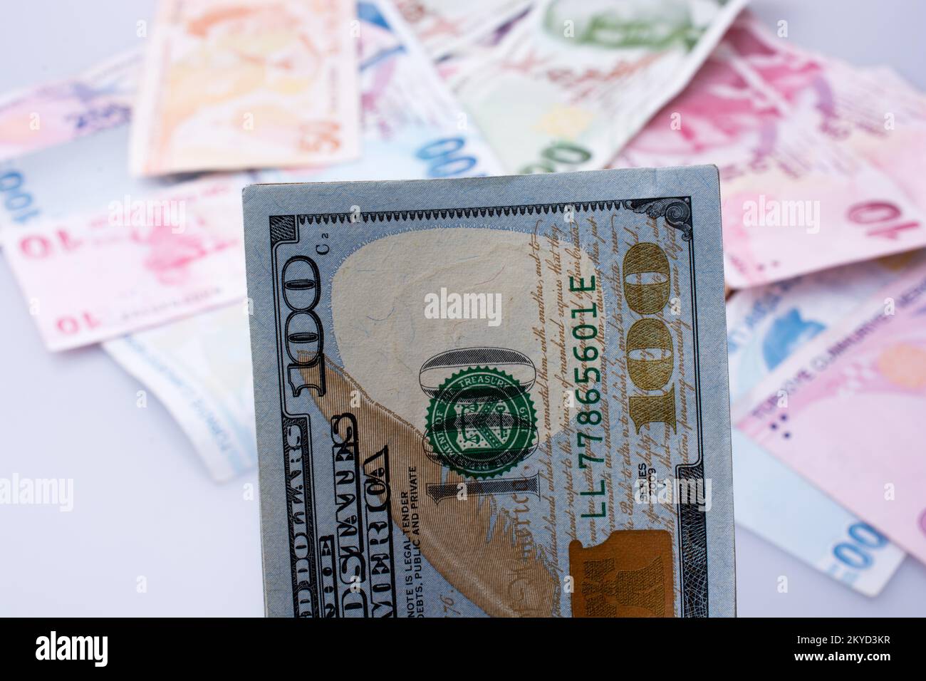American dollar banknotes and Turksh Lira banknotes side by side on ...