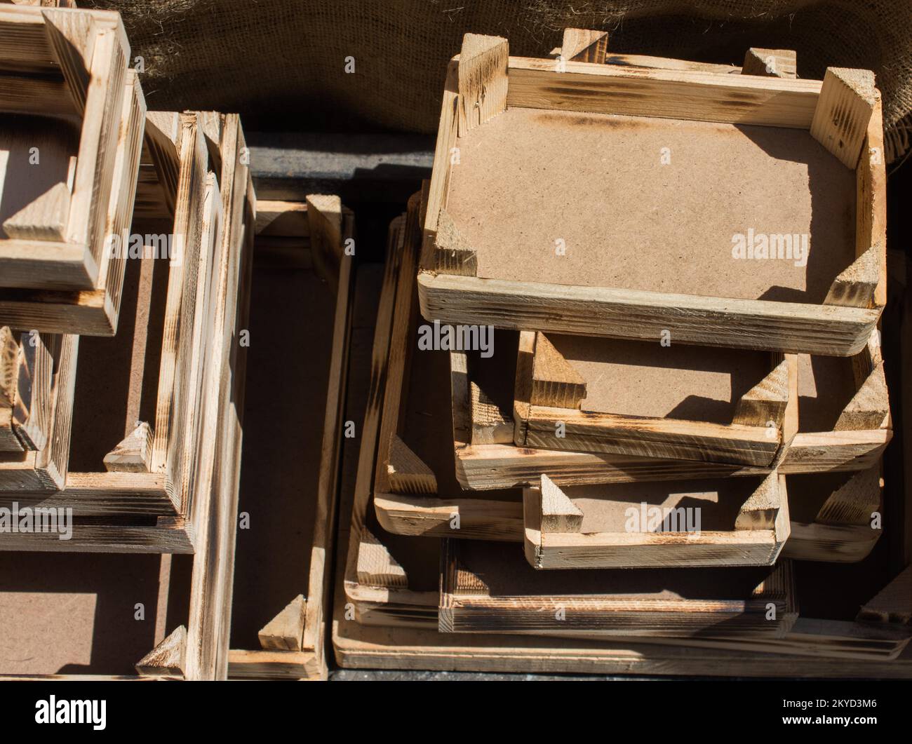 Wooden empty crate box for sale in a market Stock Photo - Alamy