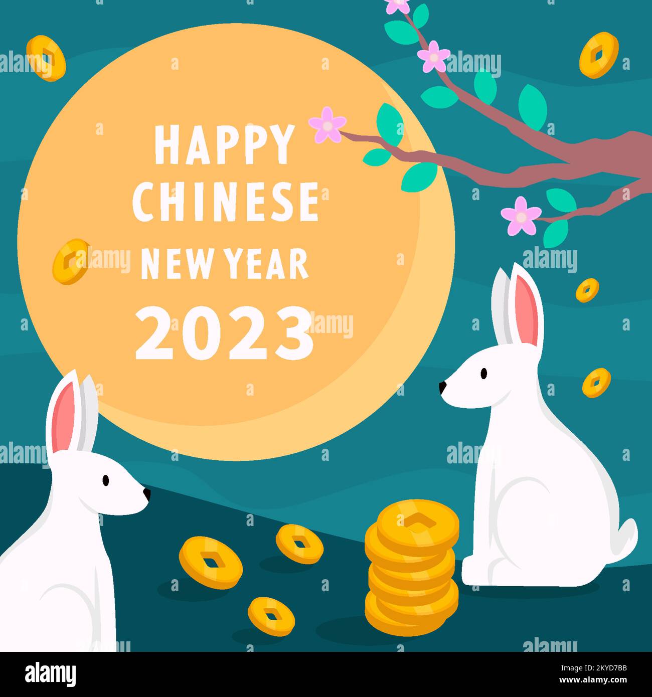 happy chinese new year design concept with two rabbits, a moon, coins ...
