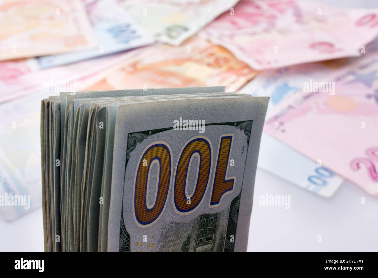 American dollar banknotes and Turksh Lira banknotes side by side on ...