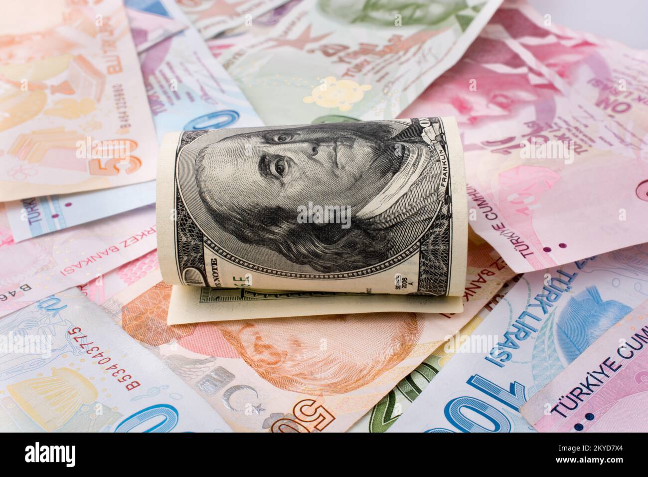 American dollar banknotes and Turksh Lira banknotes side by side on ...