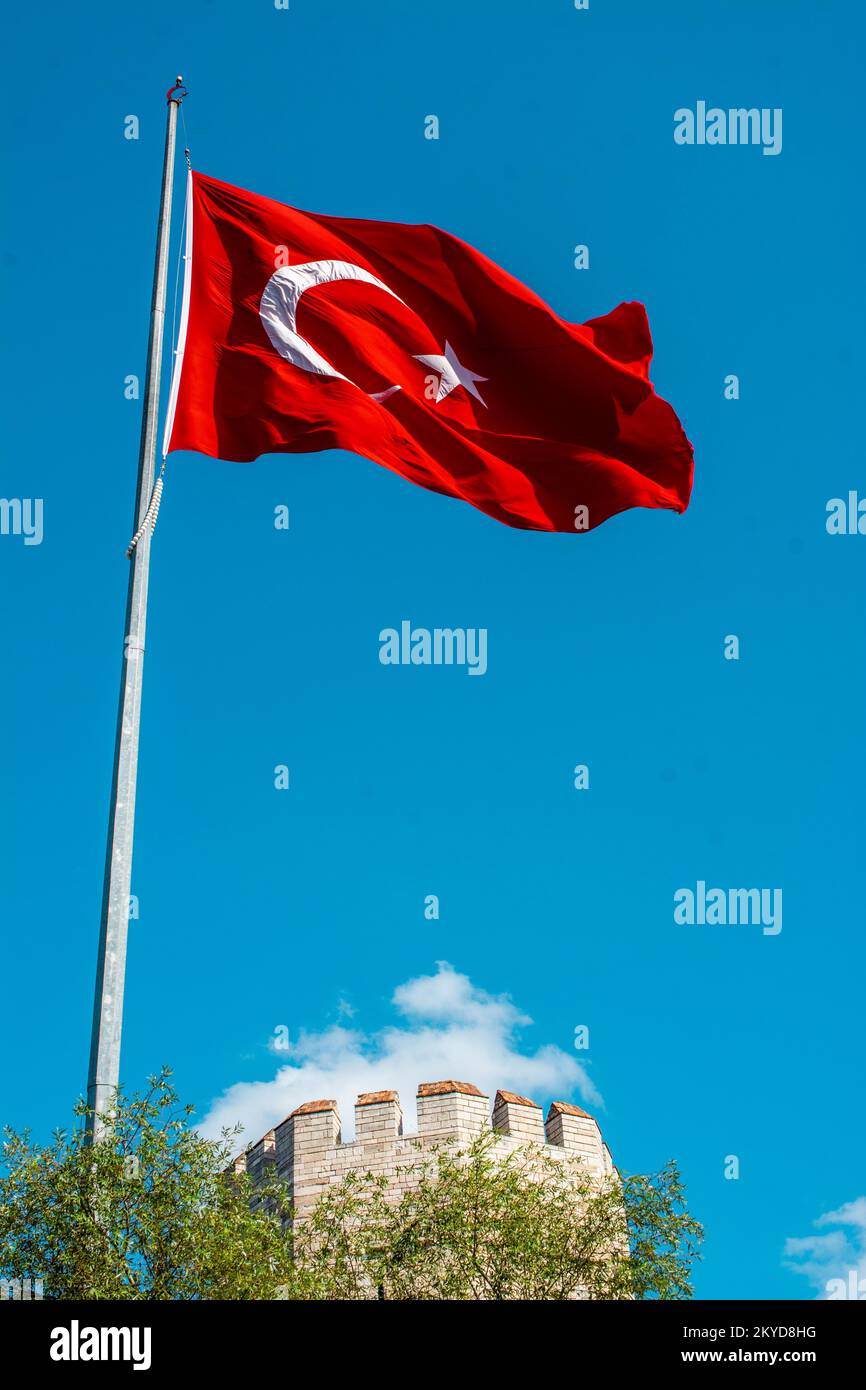 Turkish national flag hang in open air on a tower Stock Photo - Alamy